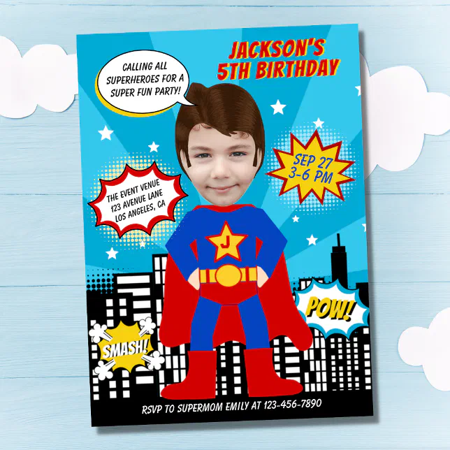 Superhero Comic Book Style Boy Birthday Photo Invitation | Zazzle