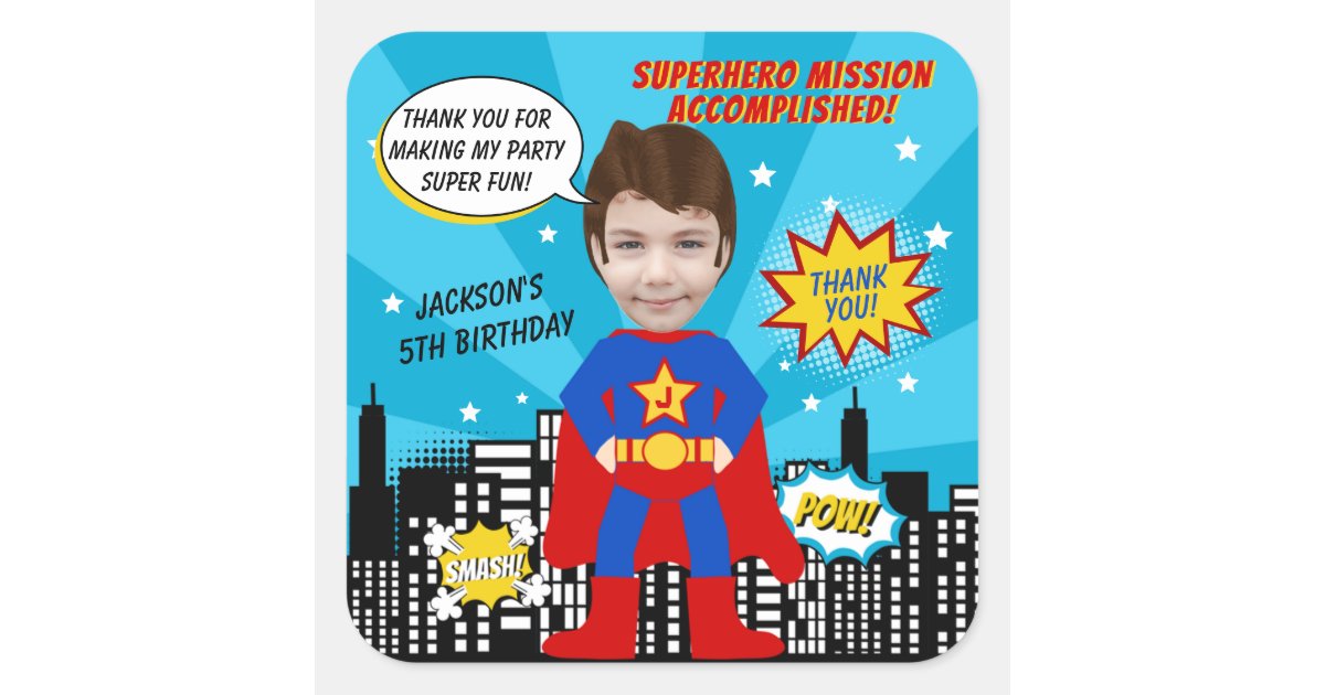 Superhero Comic Book Style Boy Birthday Photo Square Sticker | Zazzle