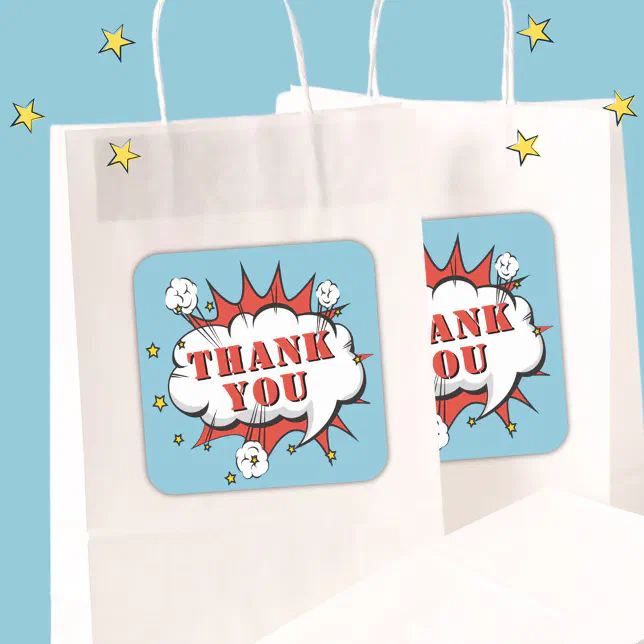 Superhero Comic Speech Bubble Birthday Thank you Square Sticker | Zazzle