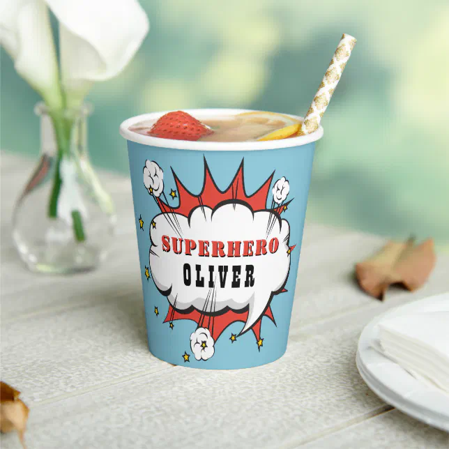 Superhero Comic Speech Bubble Boy Birthday Party Paper Cups | Zazzle