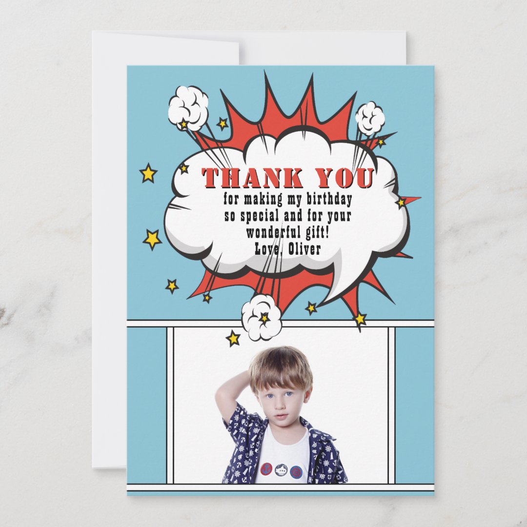Superhero Comic Speech Bubble Boy Birthday Thank You Card | Zazzle