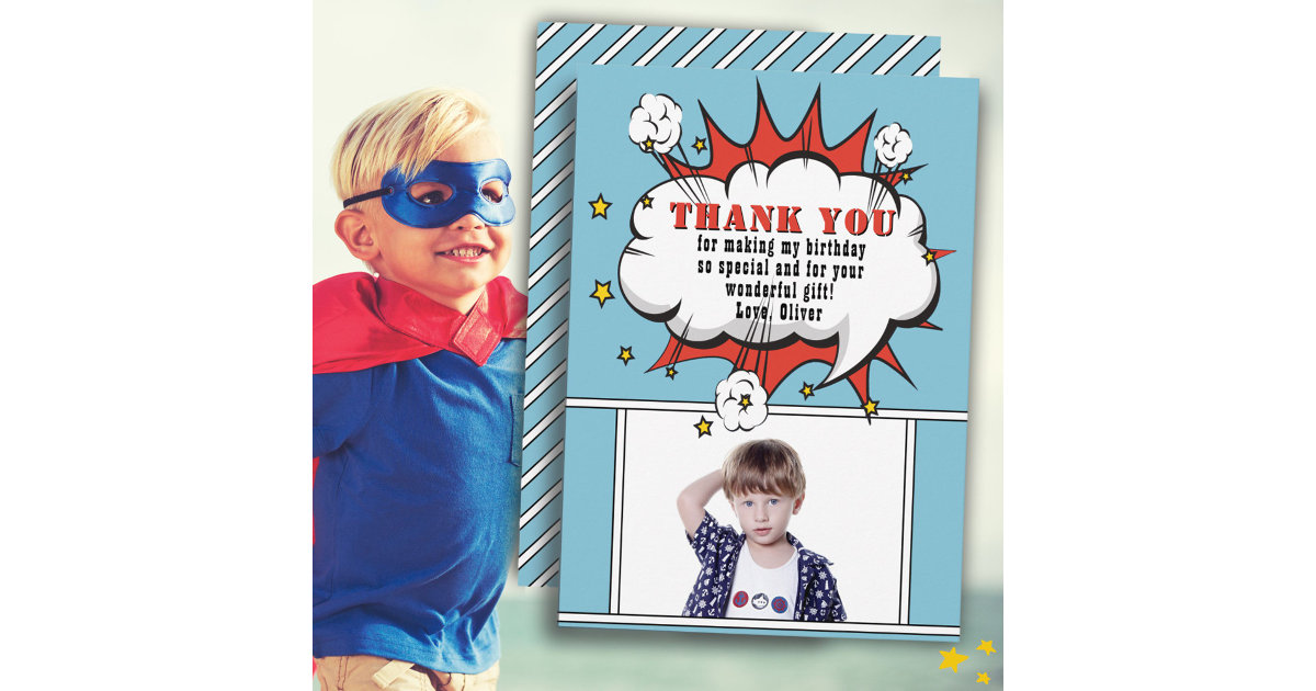 Superhero Comic Speech Bubble Boy Birthday Thank You Card | Zazzle