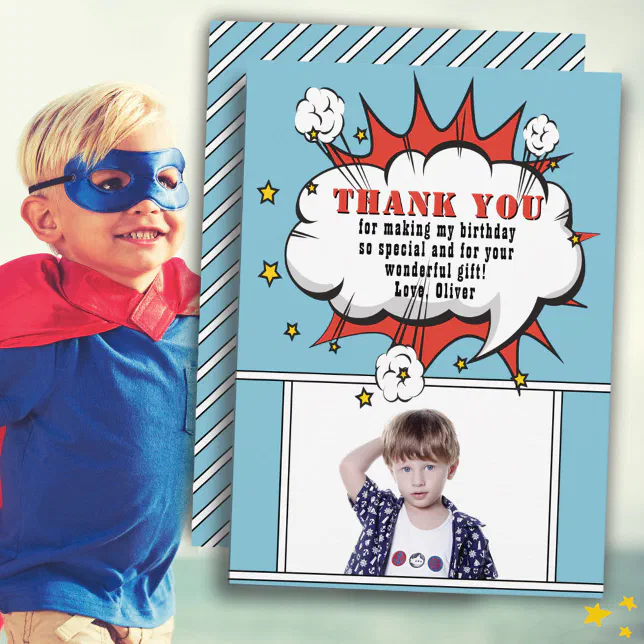 Superhero Comic Speech Bubble Boy Birthday Thank You Card | Zazzle