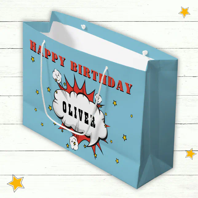 Superhero Comic Speech Bubble Boy Happy Birthday Large Gift Bag | Zazzle