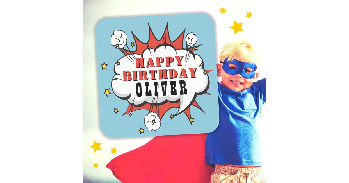 Superhero Comic Speech Bubble Boy Happy Birthday Square Sticker | Zazzle