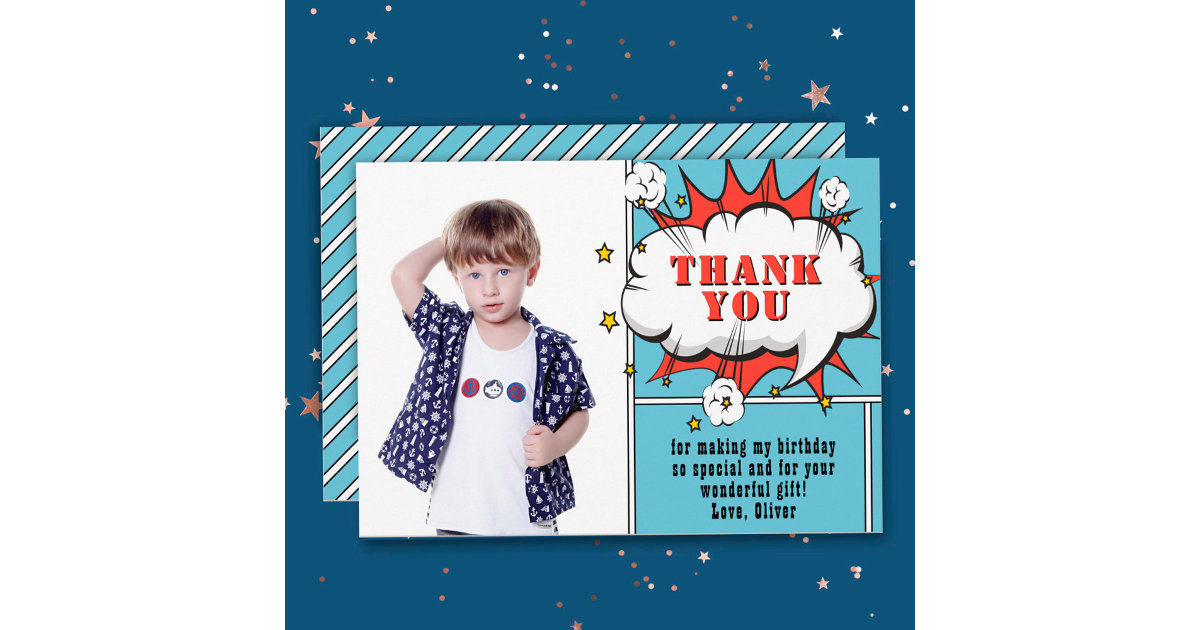 Superhero Comic Speech Bubble Boy Photo Birthday Thank You Card | Zazzle