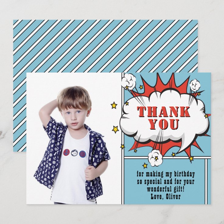 Superhero Comic Speech Bubble Boy Photo Birthday Thank You Card | Zazzle