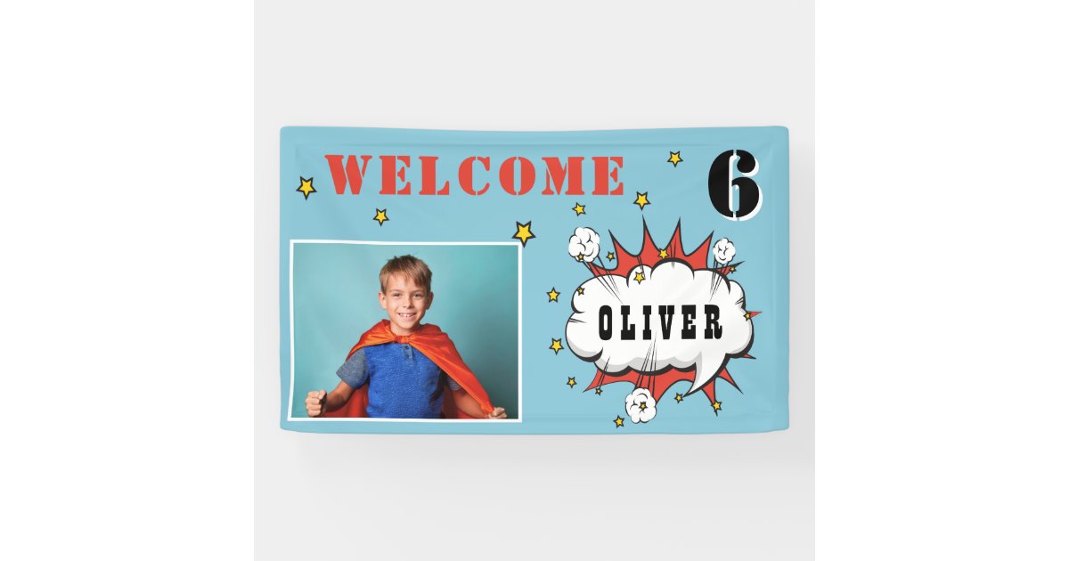 Superhero Comic Speech Cloud Boy Birthday Photo Banner | Zazzle