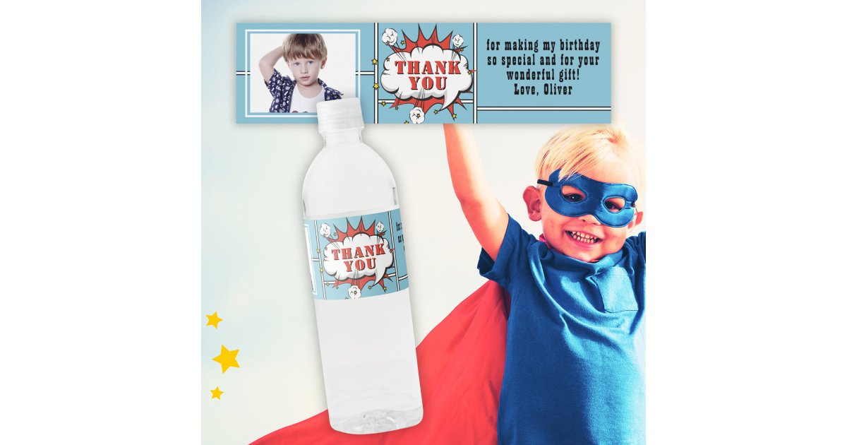 Superhero Comic Speech Cloud Photo Birthday Water Bottle Label | Zazzle