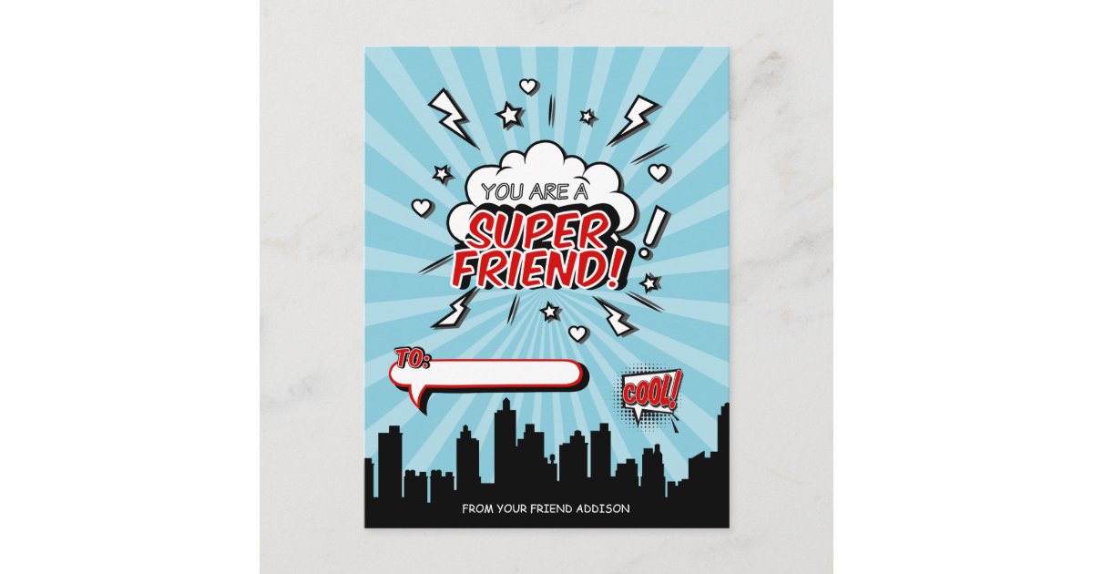 Superhero Friend Comic Valentine Postcard | Zazzle