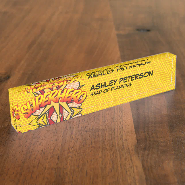 SUPERHERO Fun Retro Comic Book Desk Name Plate | Zazzle