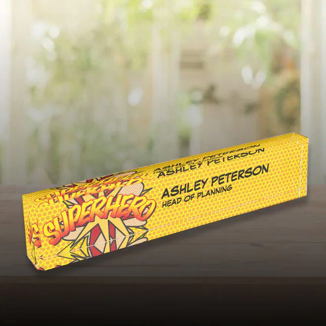 SUPERHERO Fun Retro Comic Book Desk Name Plate | Zazzle