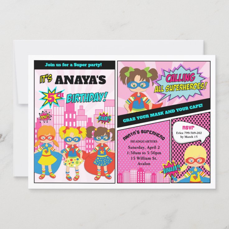 Superhero Girls Birthday Girl Power Super Hero Invitation | Zazzle