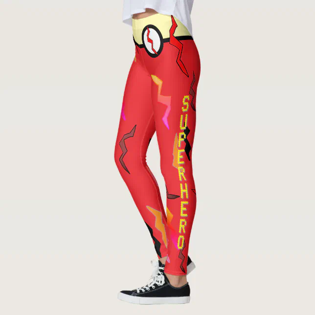 Superhero Halloween Red Cream Lightning Bolts Leggings | Zazzle