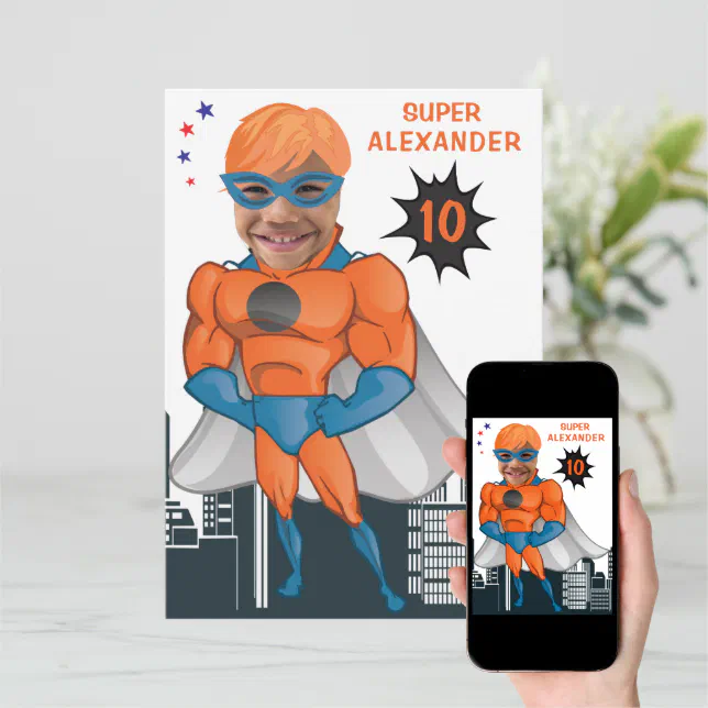 Superhero Muscle Man Orange Greatest Fun Birthday Invitation | Zazzle