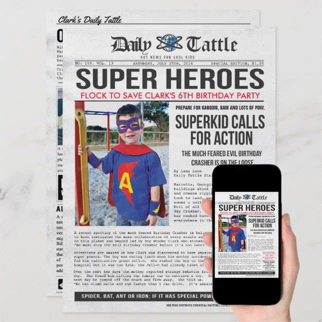 Superhero Newspaper Invitation - 6.5 x 8.75 | Zazzle