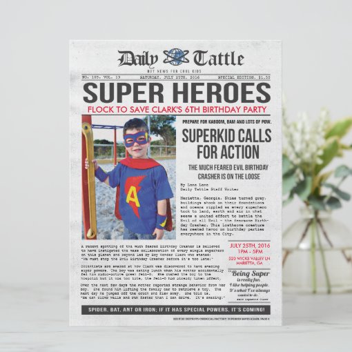 Superhero Newspaper Invitation - 6.5 x 8.75 | Zazzle