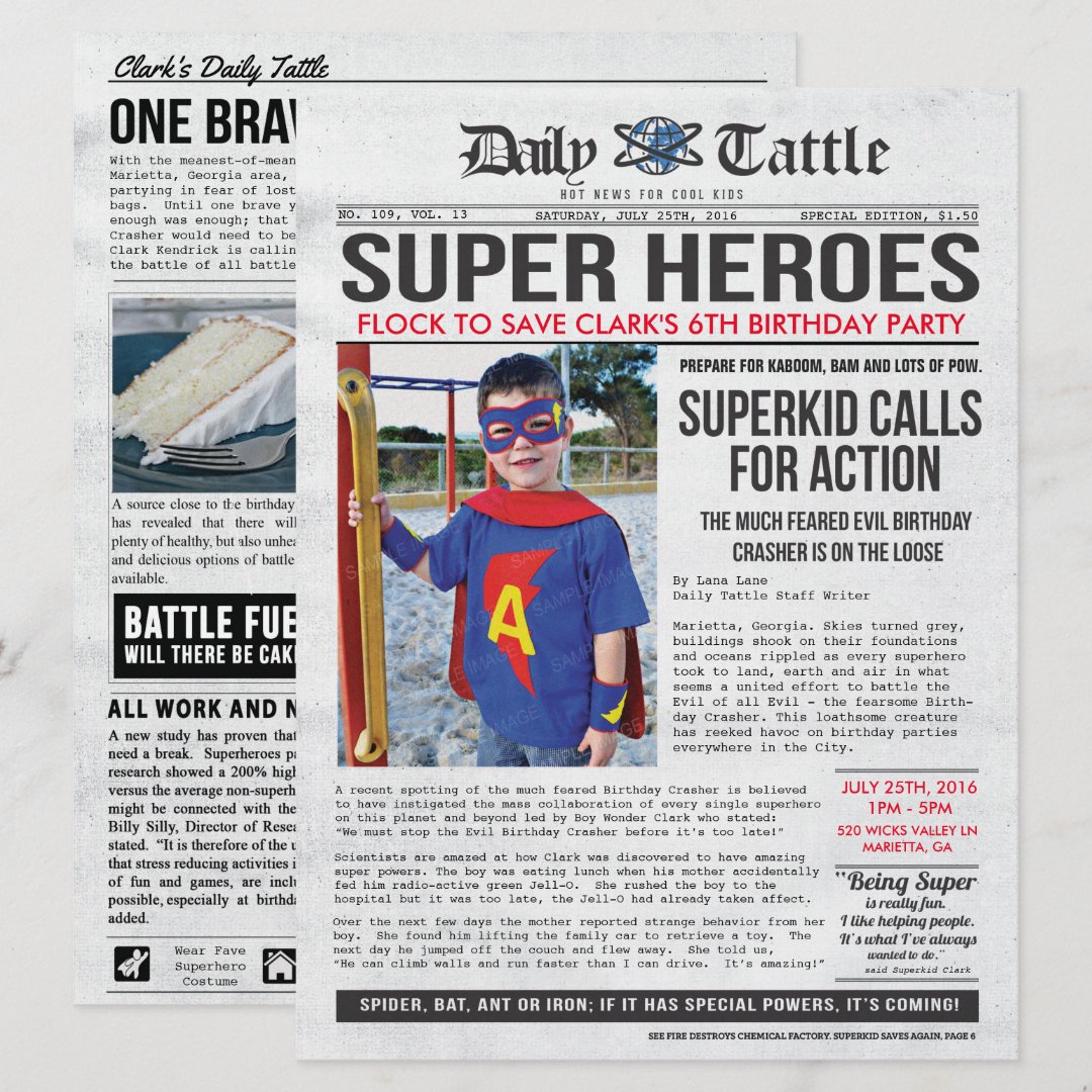 Superhero Newspaper Invitation - 6.5 x 8.75 | Zazzle
