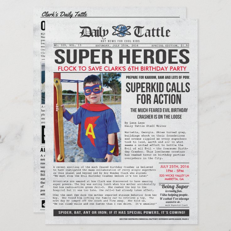 Superhero Newspaper Invitation - 6.5 x 8.75 | Zazzle