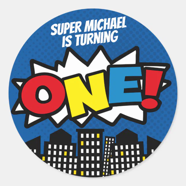 Superhero Stickers, Birthday Party Decor, BLUE Classic Round Sticker ...