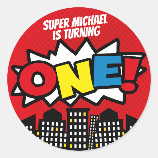 Superhero Stickers, Birthday Party Decor, RED Classic Round Sticker ...