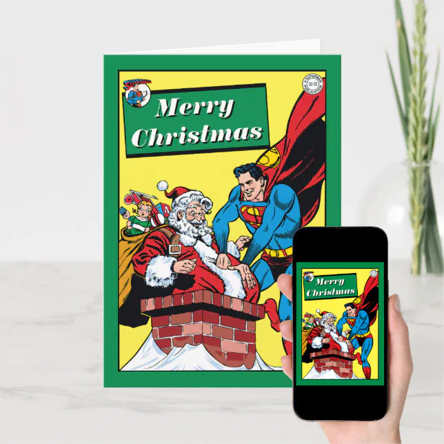 Superman Helping Santa Claus Down The Chimney Holiday Card | Zazzle