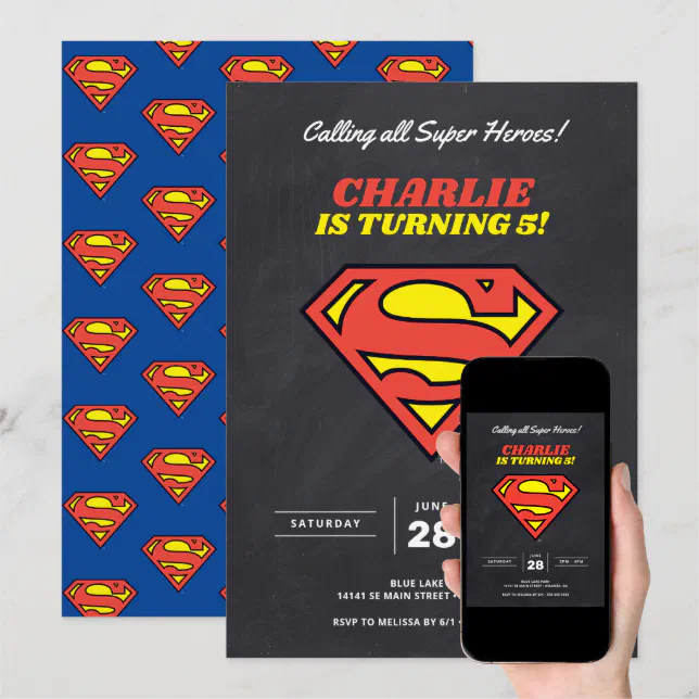 Superman Logo | Chalkboard Super Hero Birthday Invitation | Zazzle