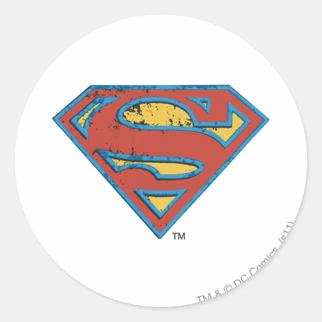 Superman S-Shield | Blue Outline Grunge Logo Classic Round Sticker | Zazzle
