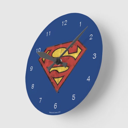 Superman S-Shield | Grunge Black Outline Logo Round Clock | Zazzle