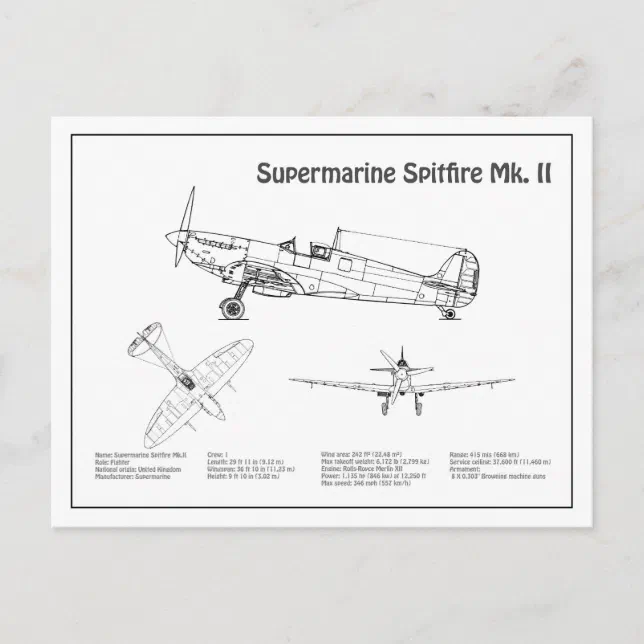 Supermarine Spitfire - Airplane Blueprint BD Postcard | Zazzle