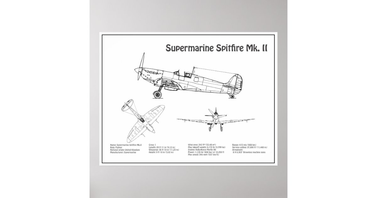 Supermarine Spitfire - Airplane Blueprint BD Poster | Zazzle