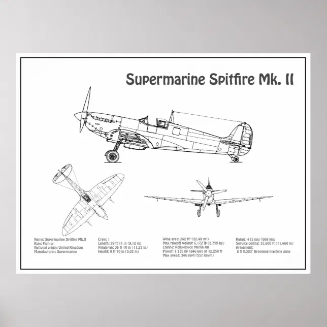 Supermarine Spitfire - Airplane Blueprint BD Poster | Zazzle