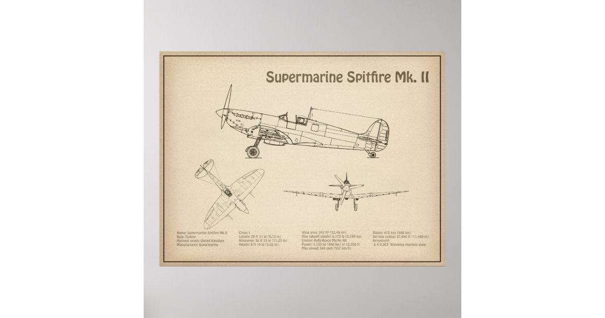 Supermarine Spitfire - Airplane Blueprint SD Poster | Zazzle