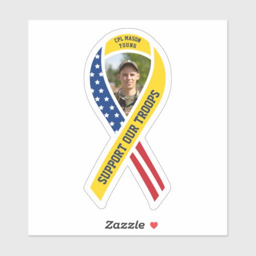 Support Our Troops Yellow Ribbon Flag Custom Photo Sticker | Zazzle