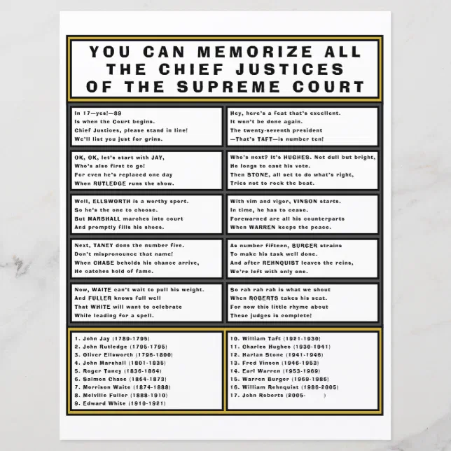 Supreme Court Chief Justice Fun Poem Study Guide | Zazzle