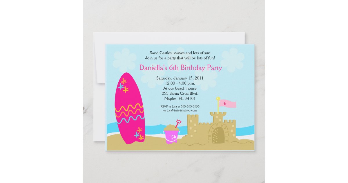 SURF BOARD BEACH SAND CASTLE 5x7 Custom Invitation | Zazzle