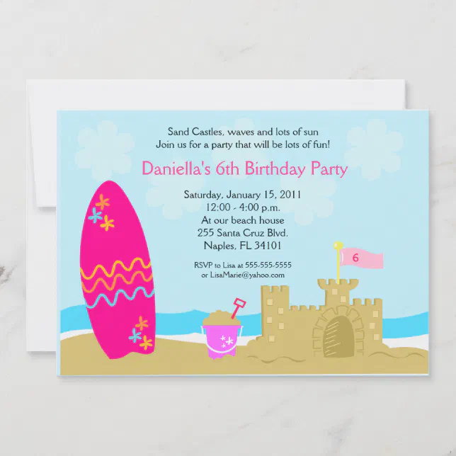 SURF BOARD BEACH SAND CASTLE 5x7 Custom Invitation | Zazzle
