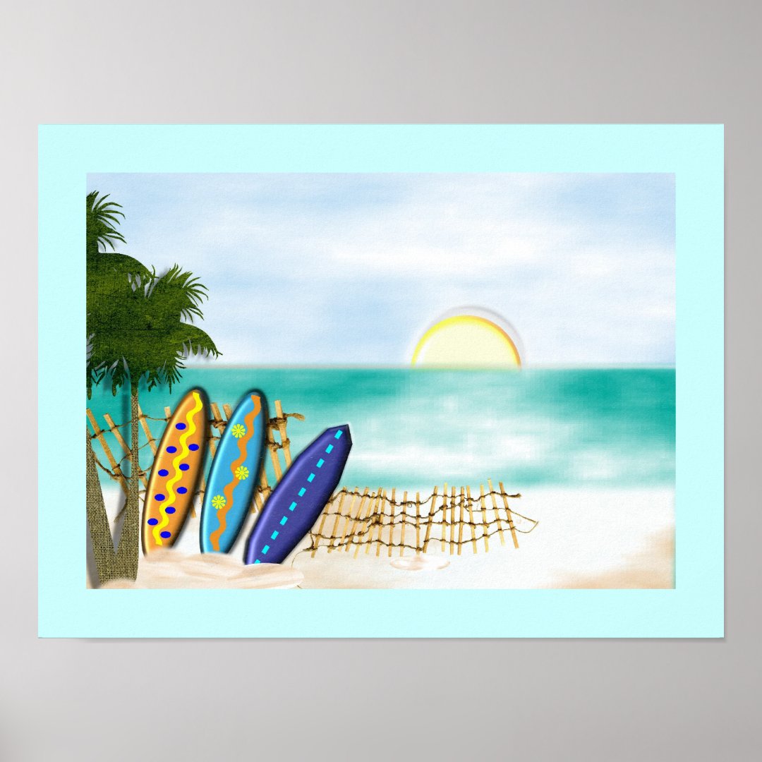 Surf Boards Beach Sunny Sea View Poster Print | Zazzle