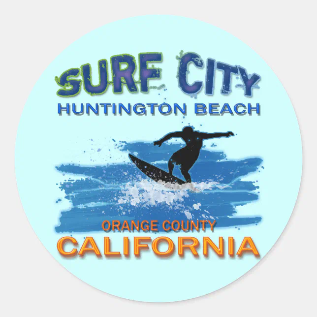 SURF CITY HUNTINGTON BEACH CLASSIC ROUND STICKER | Zazzle