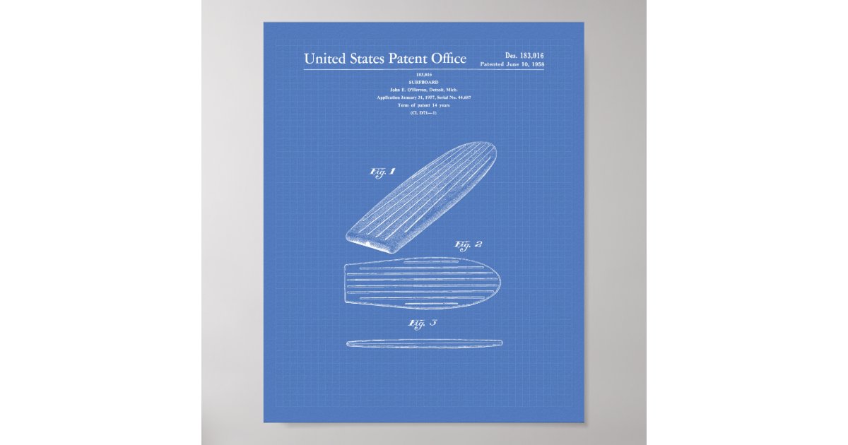 Surfboard 1958 Patent Art Blueprint Poster | Zazzle