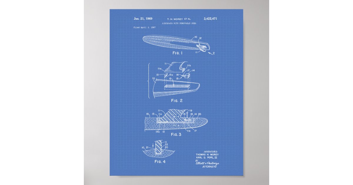 Surfboard 1969 Patent Art Blueprint Poster | Zazzle