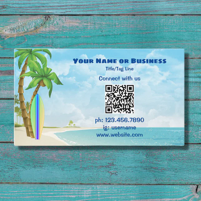 Surfboard and Palm Trees | QR Code Tropical Beach Business Card | Zazzle