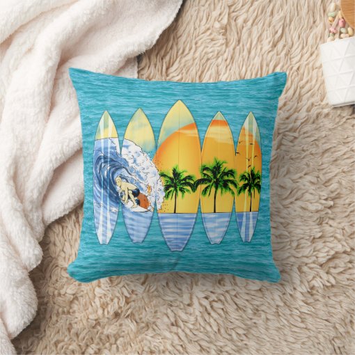 Surfer And Surfboards Throw Pillow | Zazzle