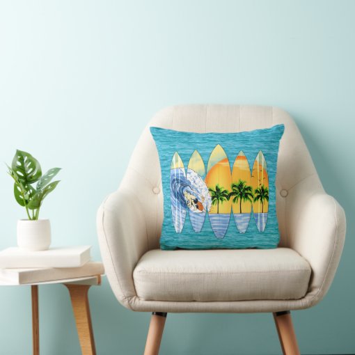 Surfer And Surfboards Throw Pillow | Zazzle