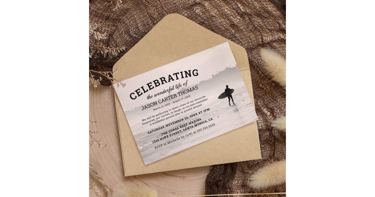 Surfer Funeral | Celebration Of Life Invitation | Zazzle