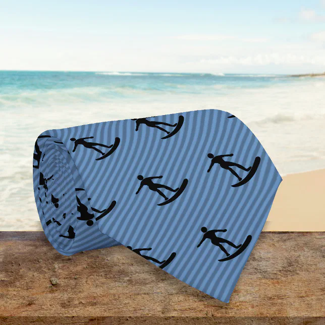 Surfer Motif - Guy on Surfboard on Blue Striped Neck Tie | Zazzle
