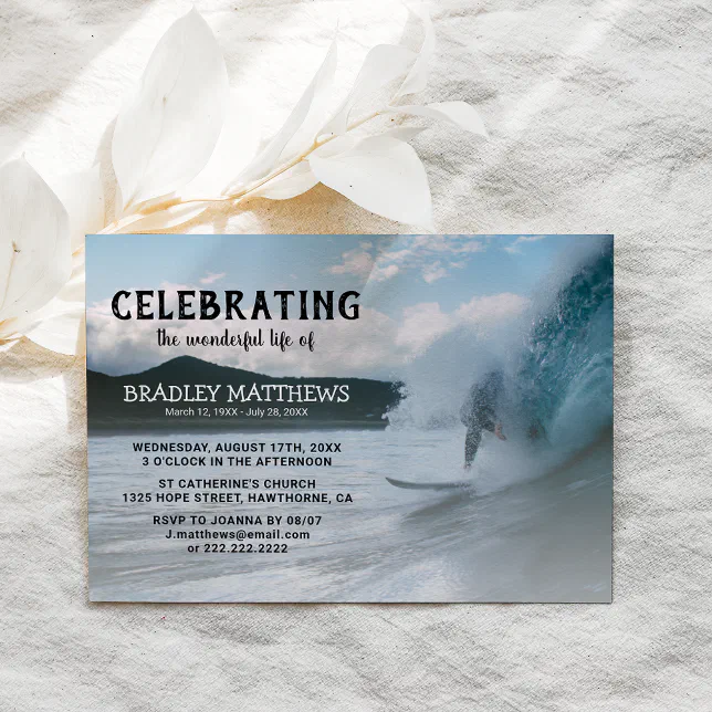 Surfer Ocean Wave | Celebration of Life Funeral Invitation | Zazzle