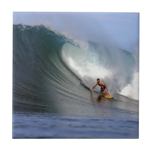 Surfer surfing huge tropical island surfing wave ceramic tile | Zazzle