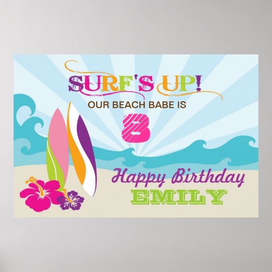 Surfing and Beach Themed Birthday Banner Poster | Zazzle.com