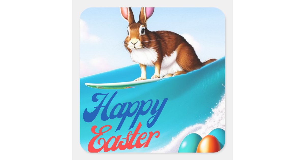 Surfing Easter Bunny Square Sticker | Zazzle